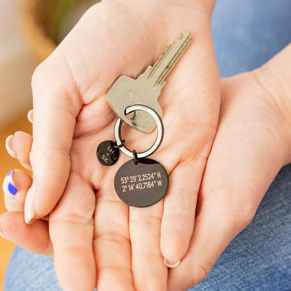 Personalised Coordinates Black Steel Keyring - Off The Map Jewellery